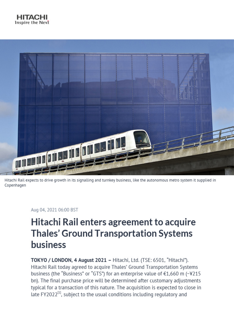 Hitachi Rail Enters Agreement To Acquire Thales' Ground Transportation ...