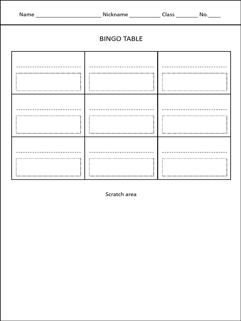 3x3 Bingo Table | PDF
