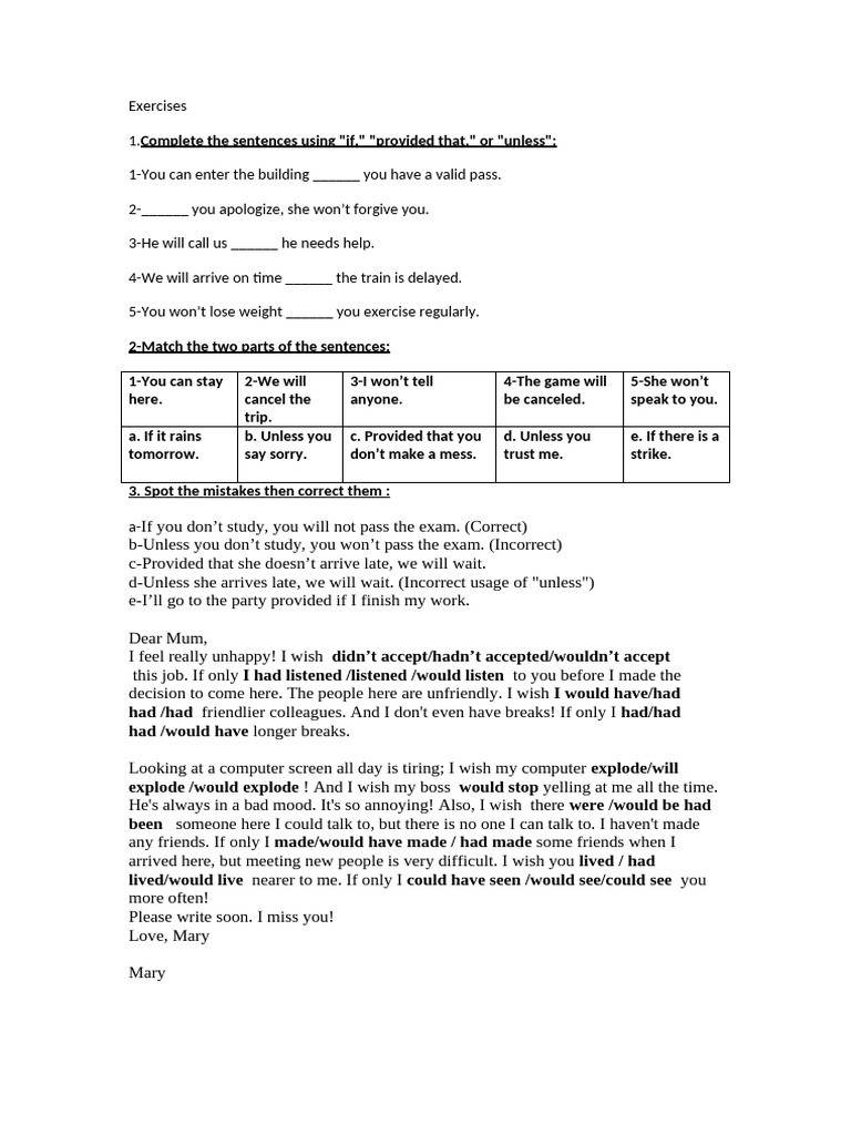 Exercises about condition and wish for third year students | PDF