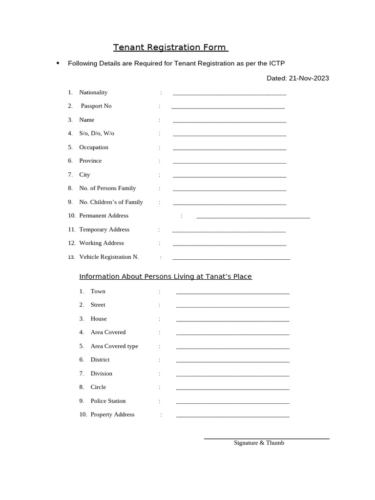 Tenant Registration Form Details | PDF