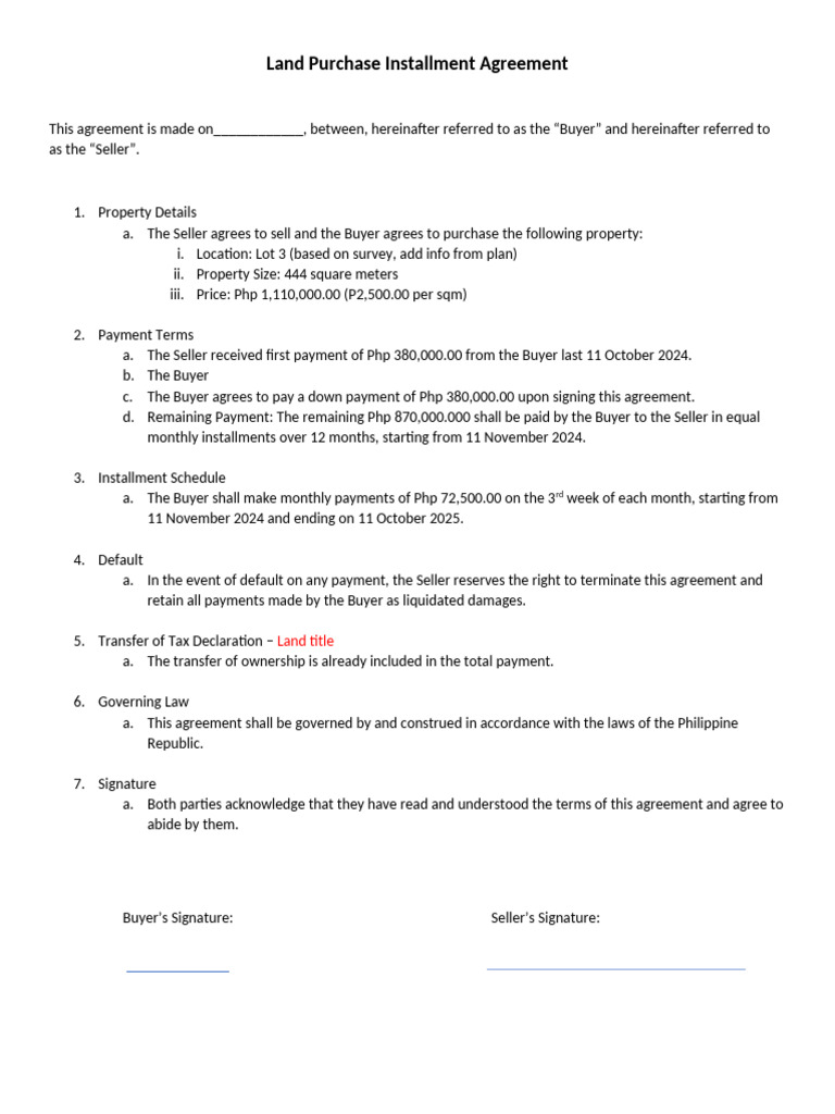 Land Purchase Installment Agreement | PDF
