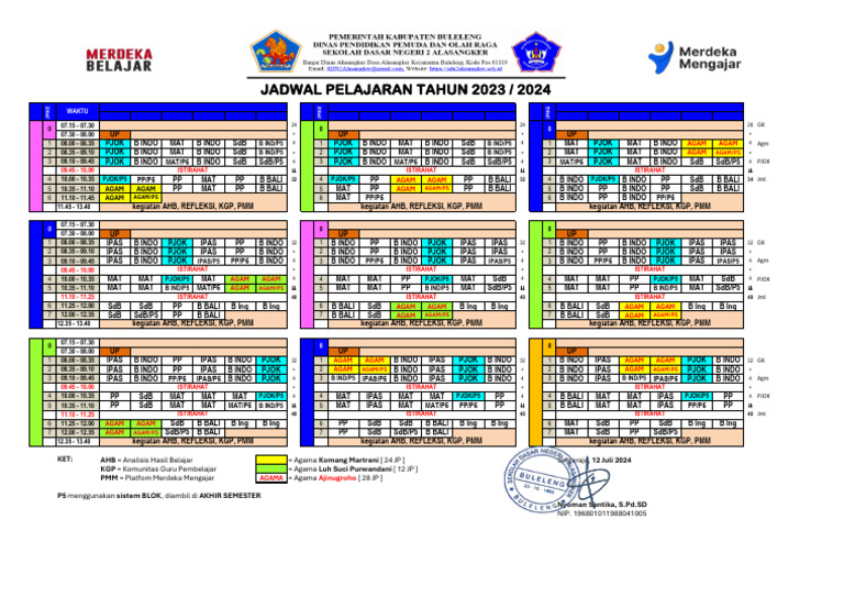 Jadwal Pelajaran SD Tahun 2024 | PDF
