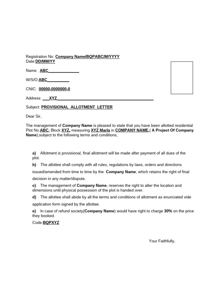 Sample Allotment Letter | PDF