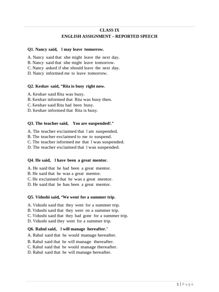 IX - English Assignment - Reported Speech | PDF