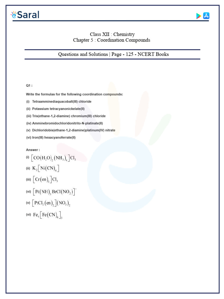 NCERT Solutions Class 12 Chemistry Chapter 5 Coordination Compounds PDF | PDF | Coordination ...