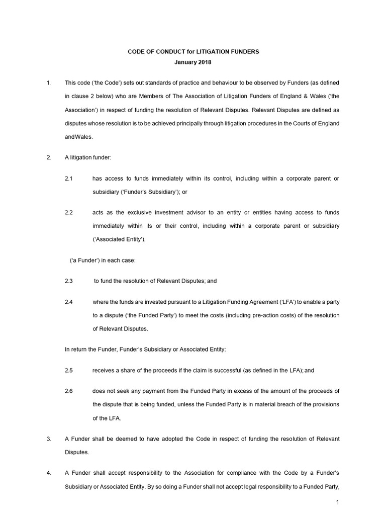 Code of Conduct For Litigation Funders at Jan 2018 FINAL | PDF ...