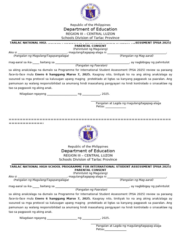 PISA-Parental-Consent (Filipino Version) | PDF