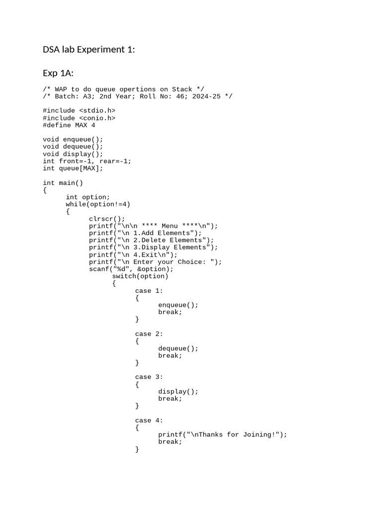 DSA Lab A46 Experiment 1 | PDF | Queue (Abstract Data Type) | Software Engineering