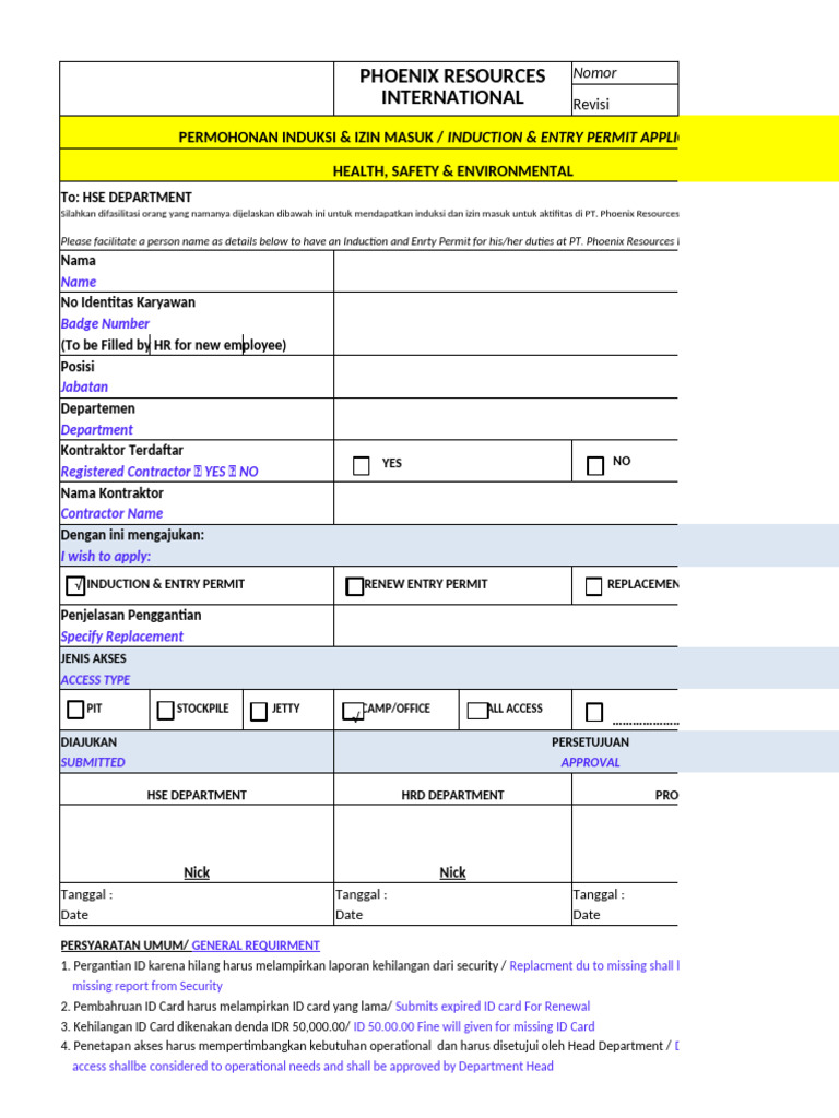 Lampiran Permohonan F-HSE - ID CARD PERMIT | PDF