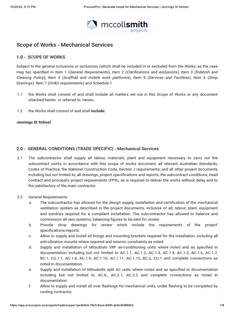 Scope of Works - Mechanical Jennings ST | PDF | Duct (Flow)