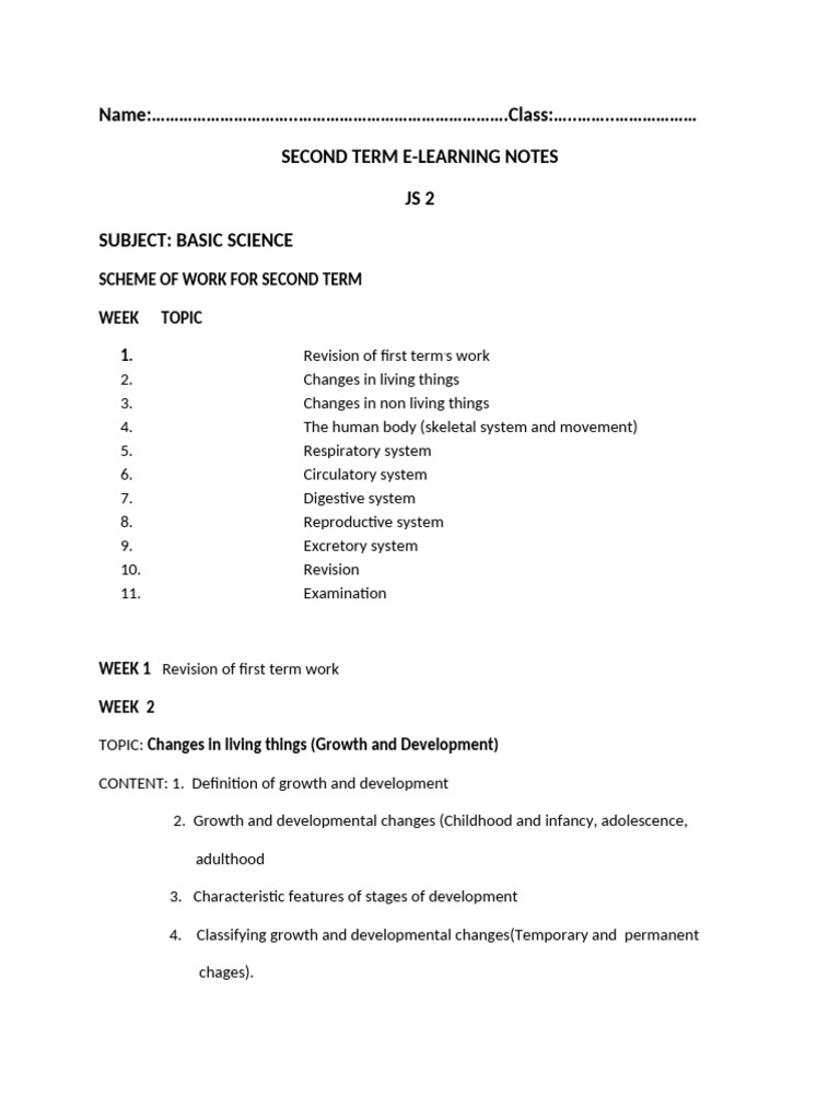 2ND Term JS 2 Basic Science | PDF | Digestion | Skeleton