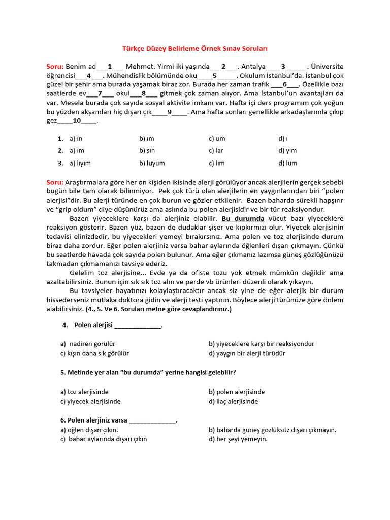 Tomer Duzey Belirleme Sinavi Ornek Sorular | PDF