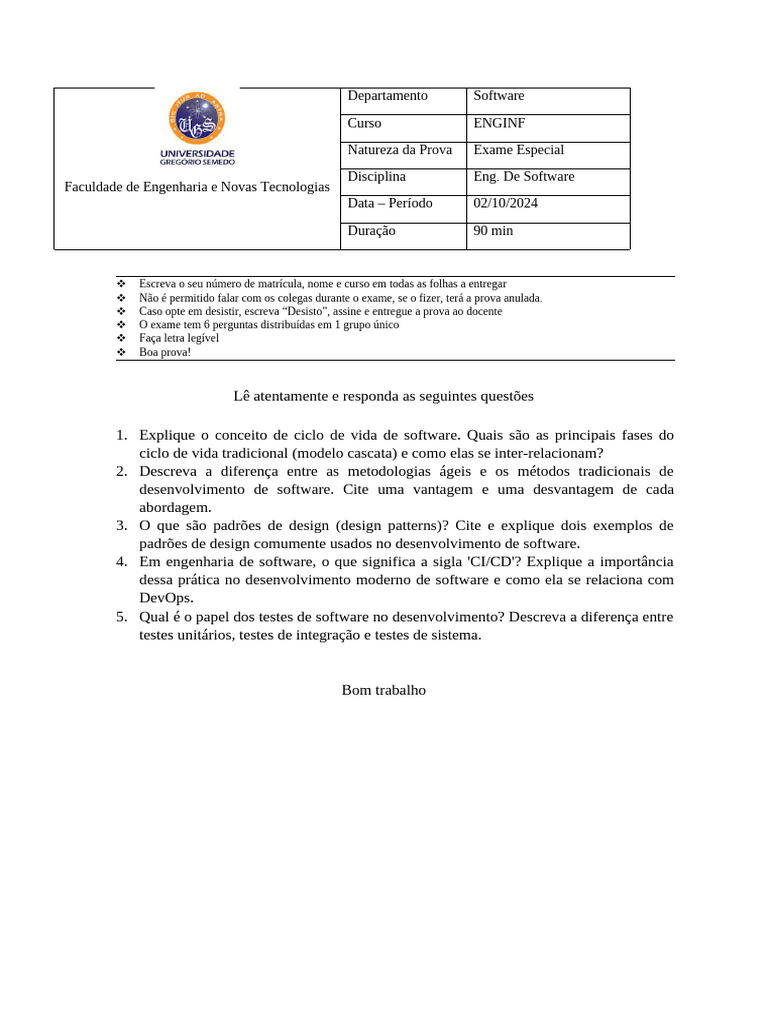 Departamento Software Curso Enginf Natureza Da Prova Exame Especial Disciplina Eng. de Software ...
