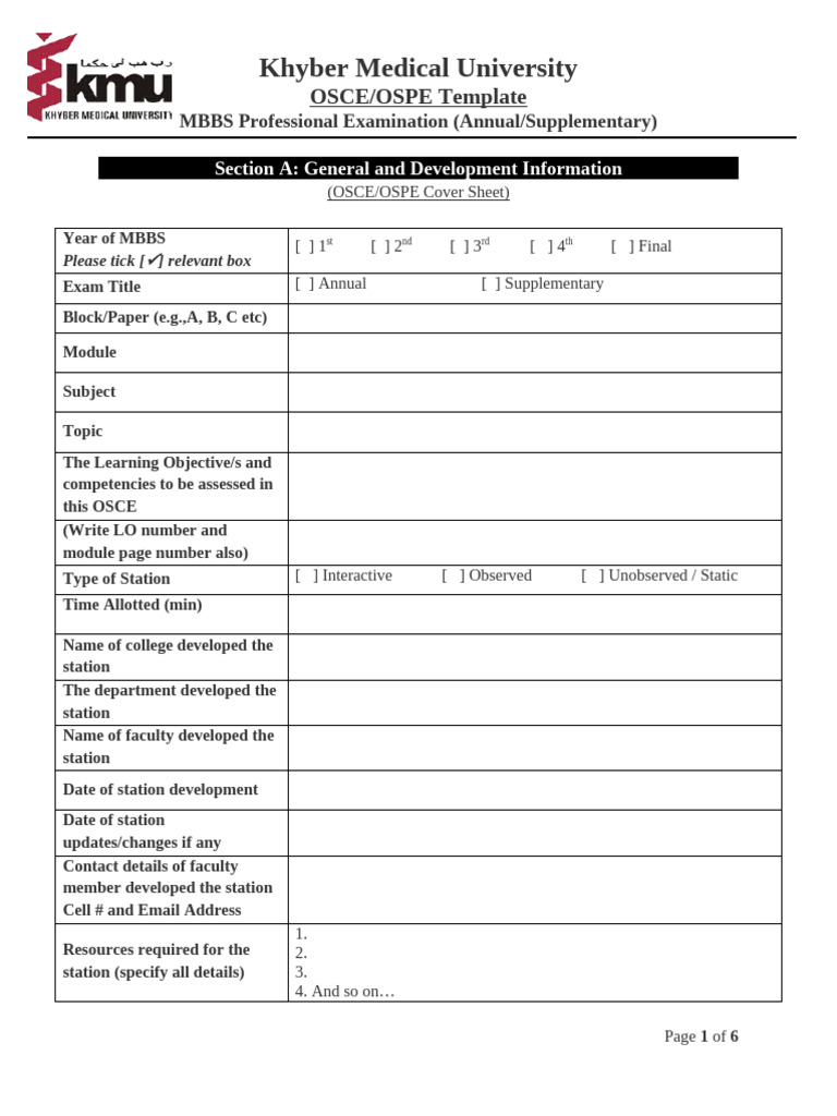 KMU-OSCE & OSPE Template-1 | PDF | Medical School