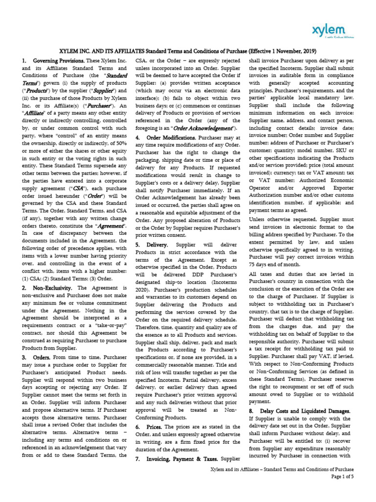 Xylem - Terms and Conditions of Purchase - 2019 - English | PDF | Indemnity | Invoice