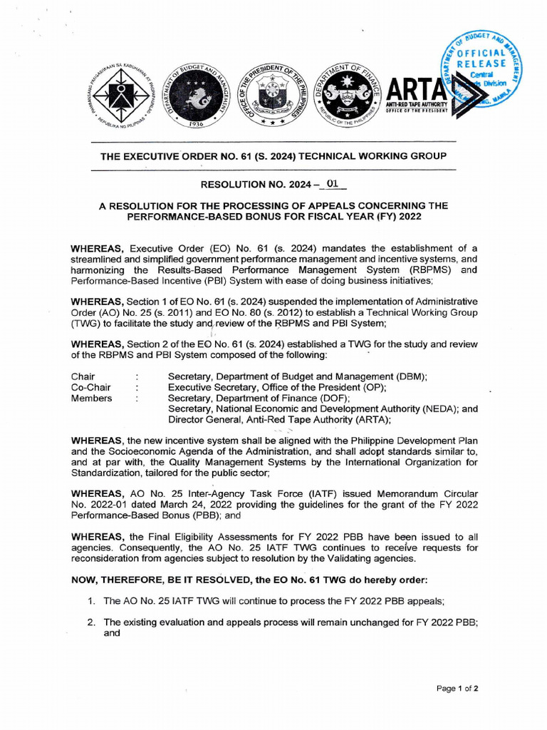 EXECUTIVE ORDER NO. 61 TWG Resolution No. 2024 01 SIGNED | PDF