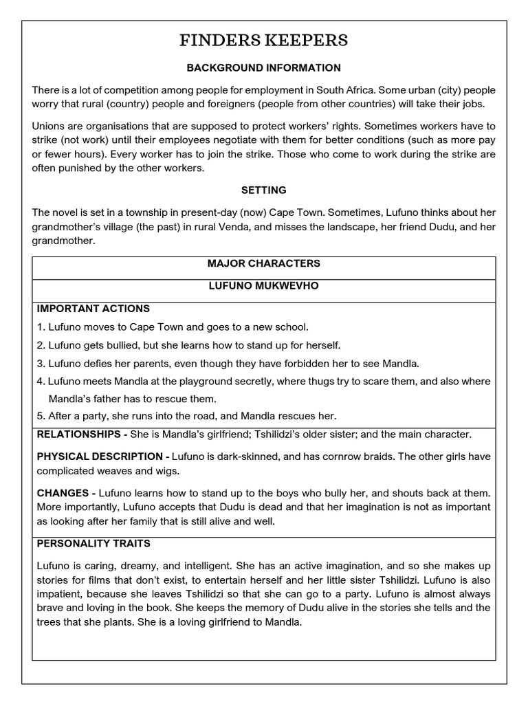 Finders Keepers - Background and Questions Chapter 1 - 18 | PDF | Love ...