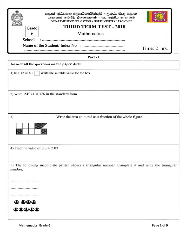 2018 Grade 06 Maths Third Term Paper English Medium North Central ...