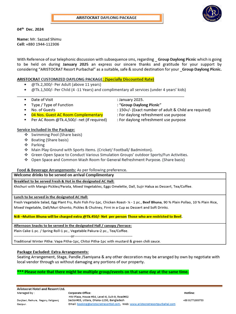 ARISTOCRAT DAYLONG PACKAGE-Mr. Sazzad Shimu. | PDF | Foods | Asian Cuisine