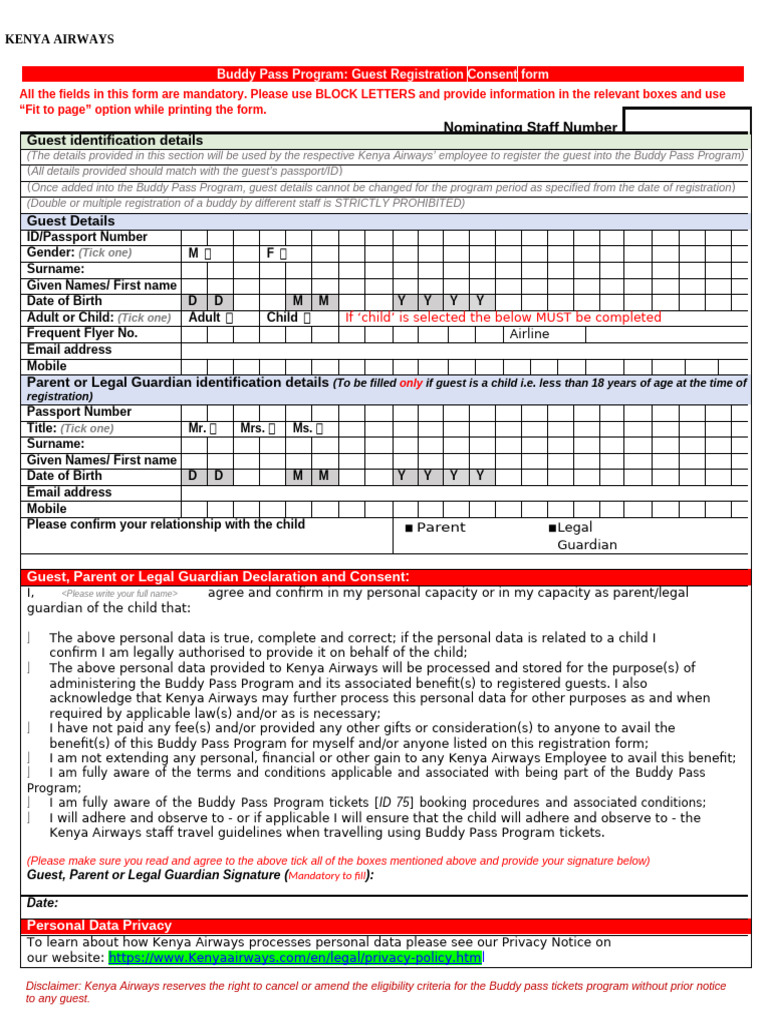 Kenya Airways Buddy Pass Registration Form | PDF | Identity Document ...