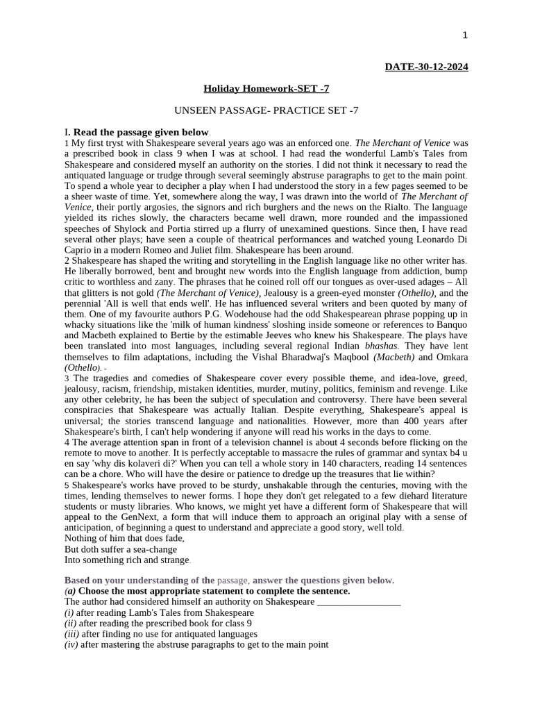 English Class 12 Homework | PDF | William Shakespeare | The Merchant Of Venice