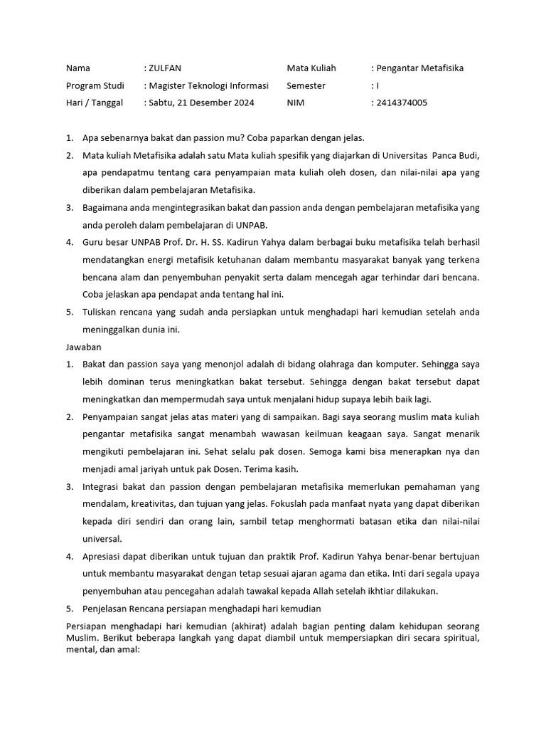 Ujian Pengantar Metafisika (ZULFAN) | PDF