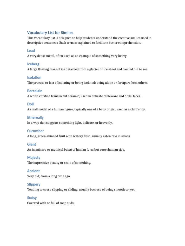 Vocabulary List For Similes | PDF