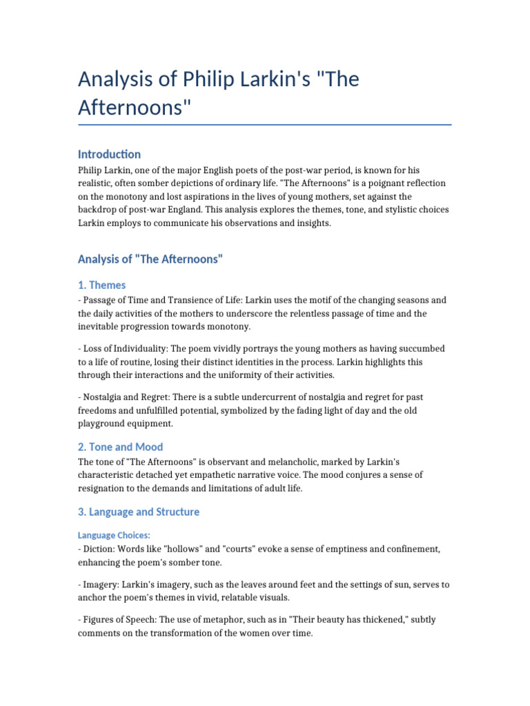 Larkin's "The Afternoons": Themes & Analysis | PDF | Poetry