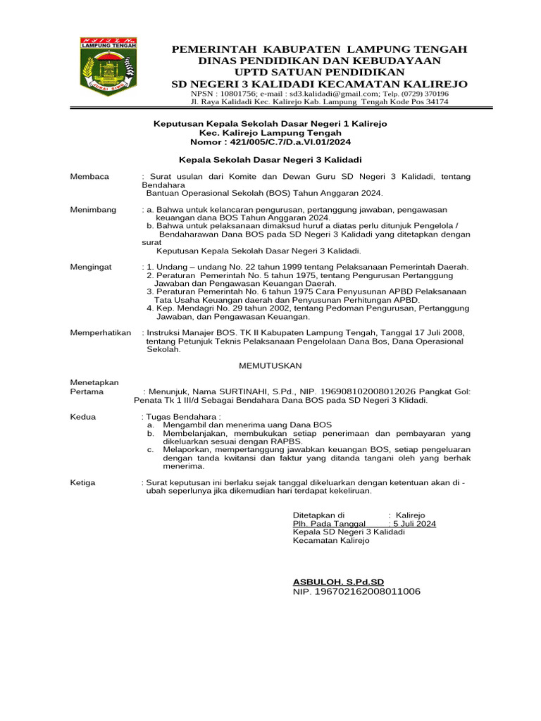 SK Bendahara BOS baru 2024-2025 | PDF