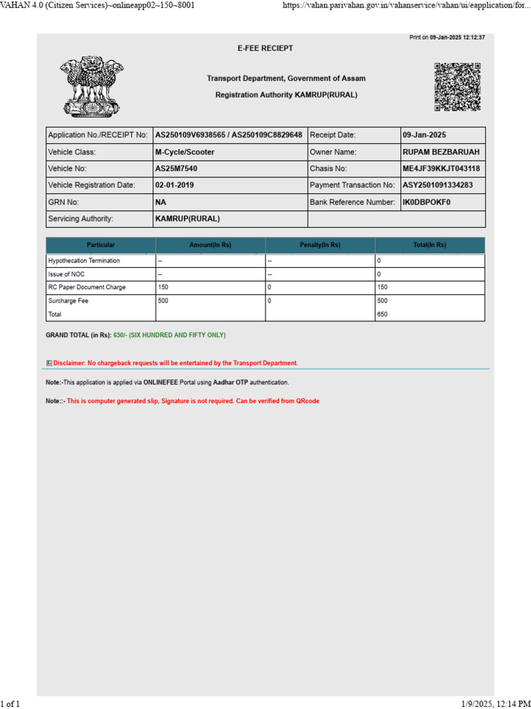 Vahan 4.0 E-Fee Receipt for Vehicle | PDF | Receipt | Fee