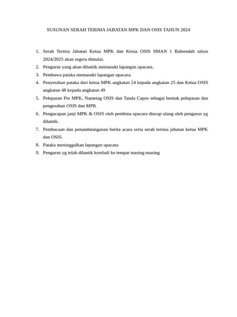 Susunan Serah Terima Jabatan Osis | PDF