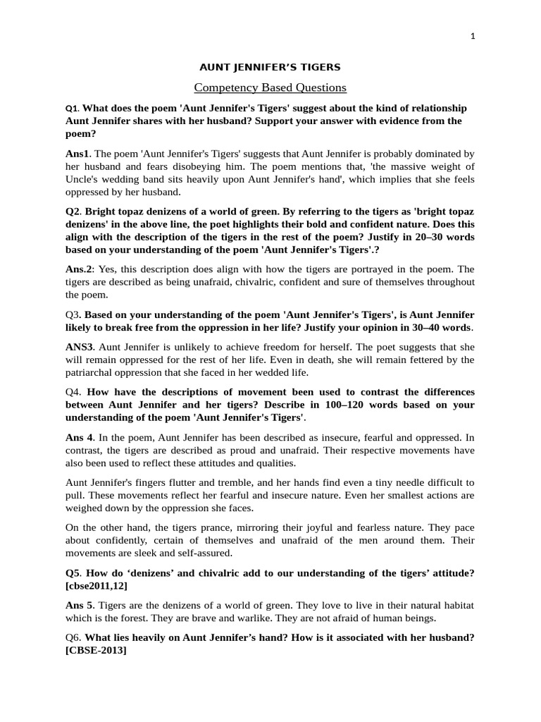 AUNT JENNIFER' TIGER'S COMPTETENCY BASED Q & ANS | PDF