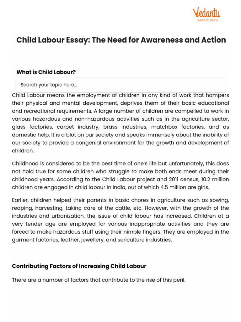 Child Labour Essay - The Need For Awareness and Action | PDF