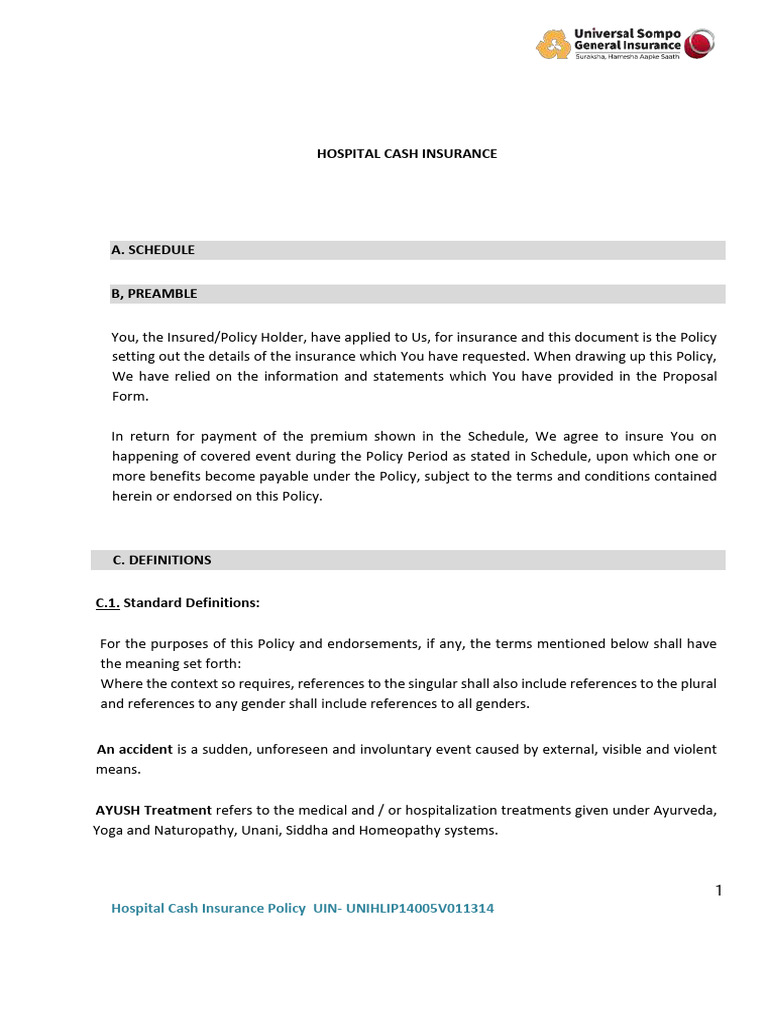 Hospital Cash Insurance Policy Overview | PDF | Insurance | Nursing