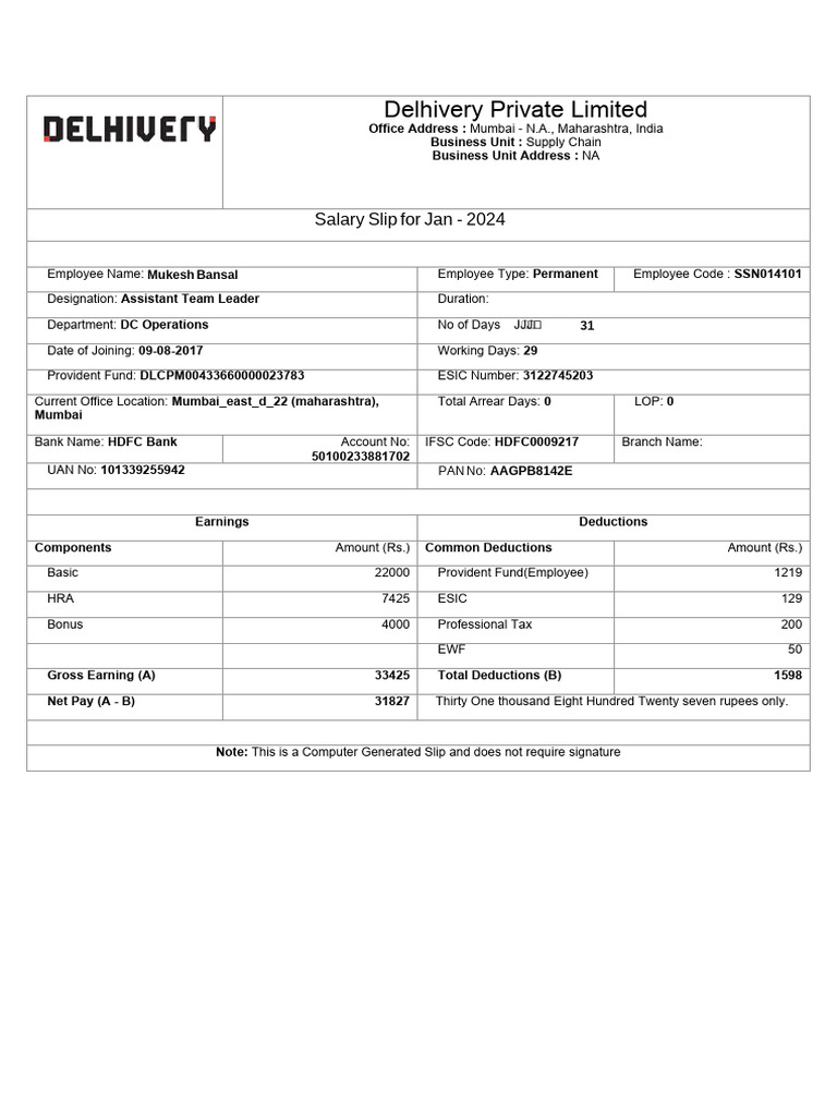 Employee Salary Slip - Jan 2024 | PDF | Business | Public Finance
