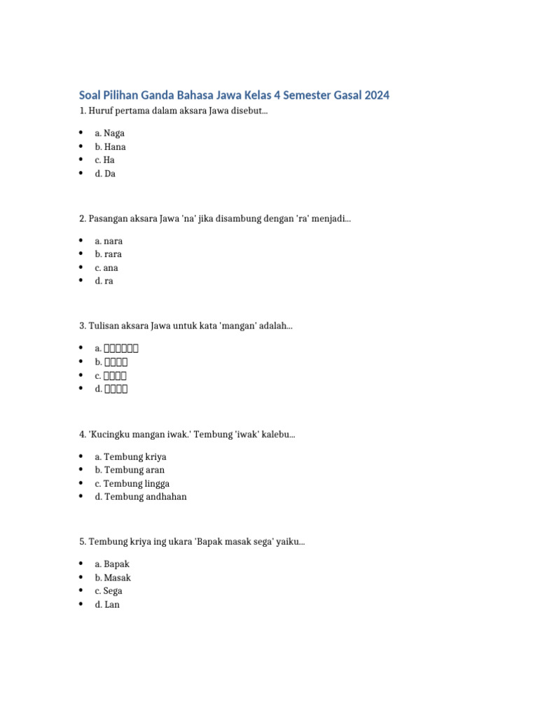 Soal Bahasa Jawa Kelas 4 Semester Gasal | PDF