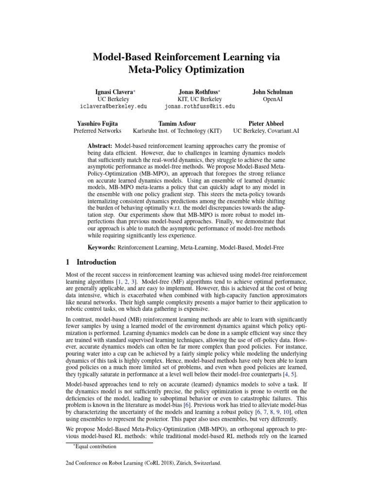 PMLR (2018) - Model-Based Reinforcement Learning Via Meta-Policy Optimization | PDF ...