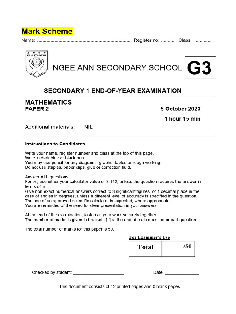 2023 1G3 Math EOY P2 Markscheme | PDF | Mathematics