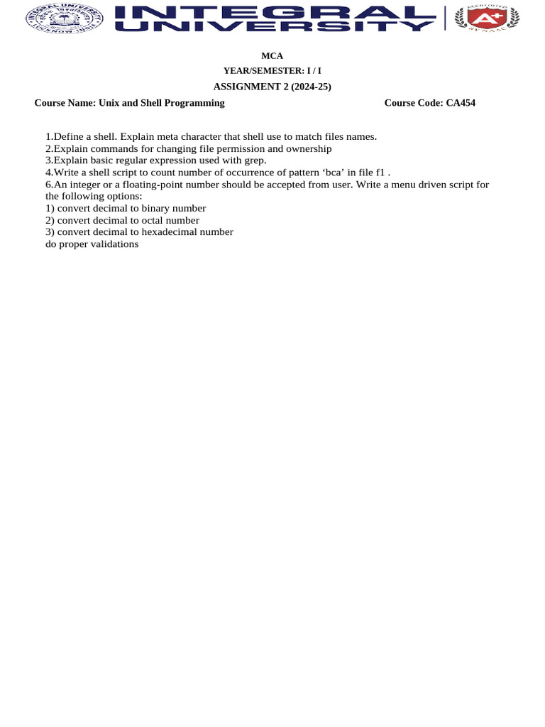 Unix Shell Programming Assignment 2024 | PDF