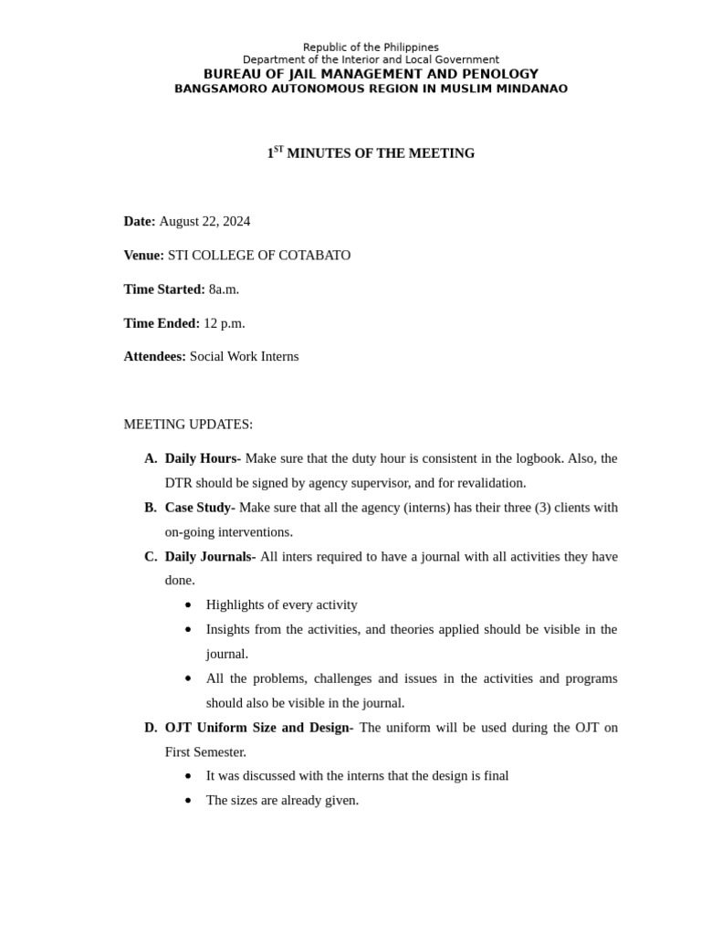 BJMP Social Work Intern Meeting Minutes | PDF | Behavioural Sciences ...