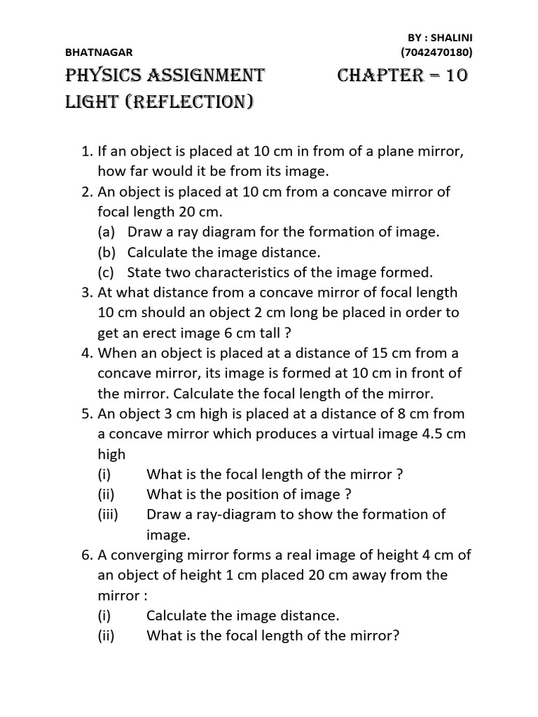 Light Reflection Numericals | PDF | Optics | Electromagnetic Radiation