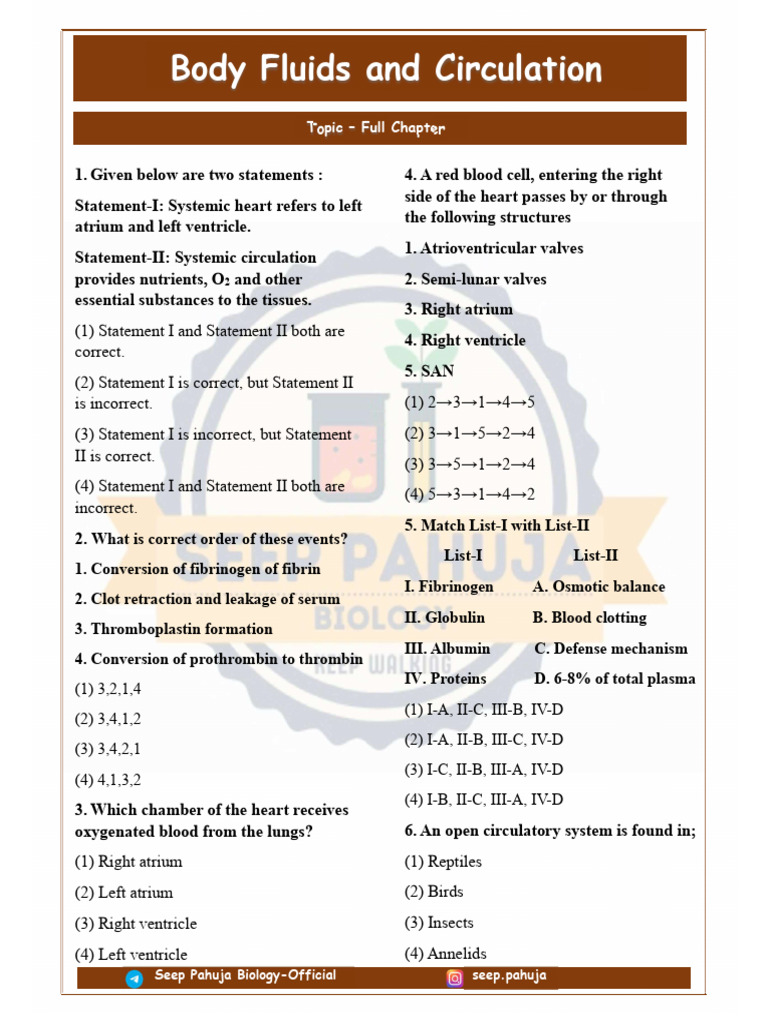 Body Fluids and Circulation-DPP | PDF | Diastole | Atrium (Heart)