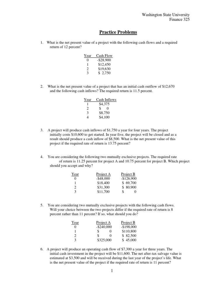 Finance 325 NPV Practice Problems | PDF | Net Present Value | Economics