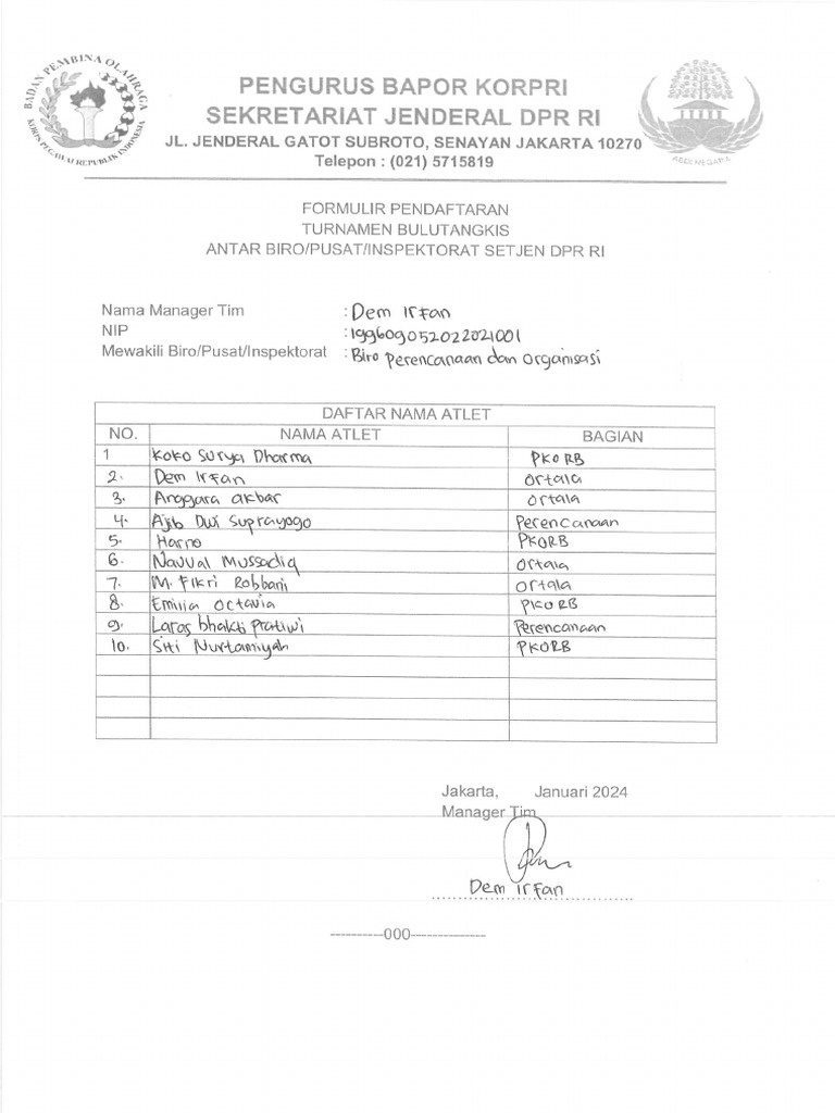 FORMULIR PENDAFTARAN BULUTANGKIS BIRO RENSI | PDF
