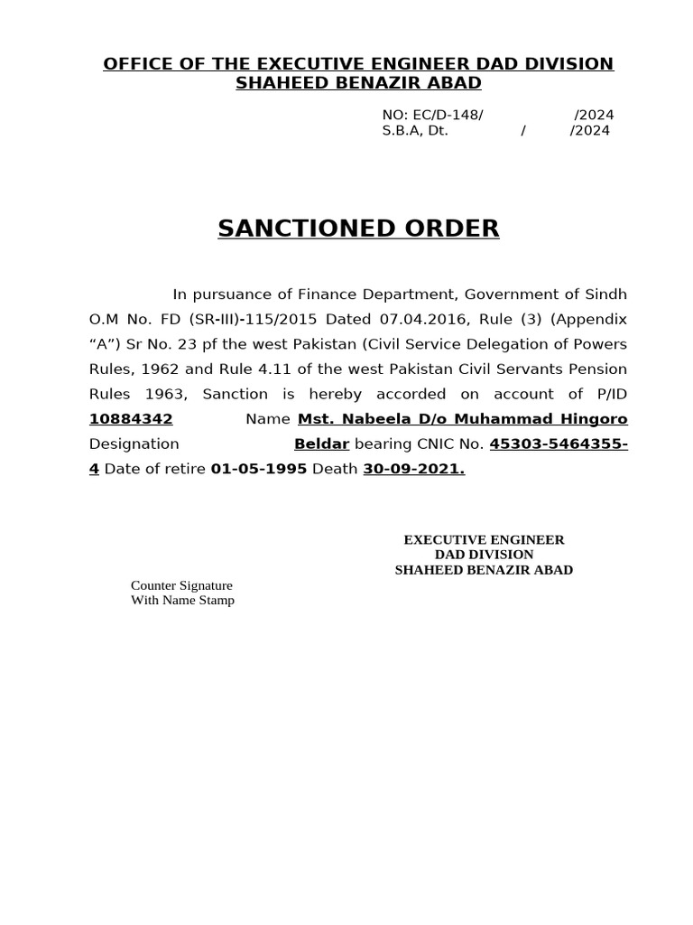 Sanction Orders for Retired Employees | PDF | Pakistan | Government Of ...