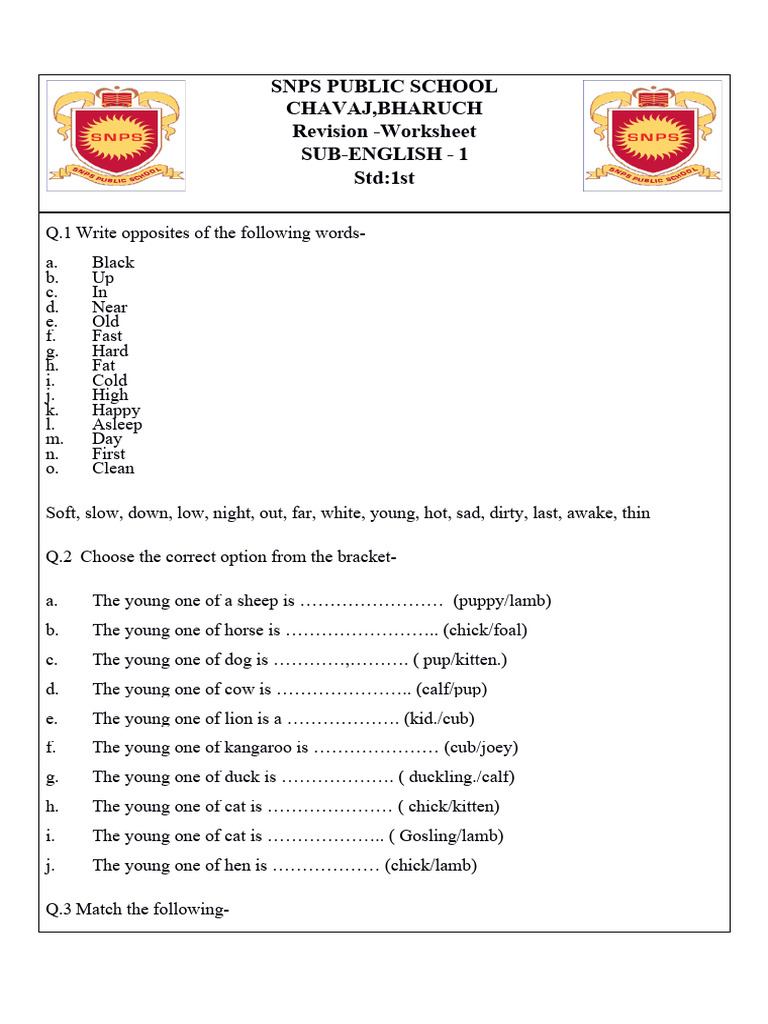 Revision Work Sheet Std.1 | PDF