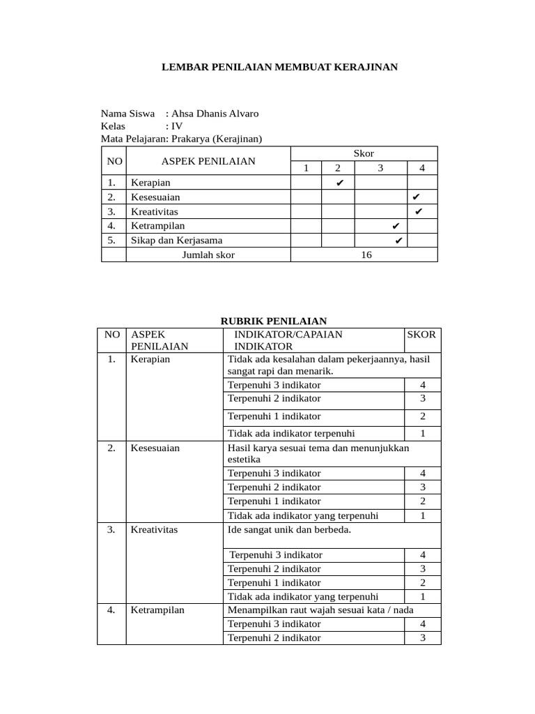 Formulir Penilaian kerajina (1) PHB | PDF