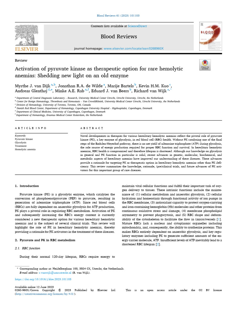 Activation of Pyruvate Kinase As Therapeutic Option For Rare Hemolytic ...