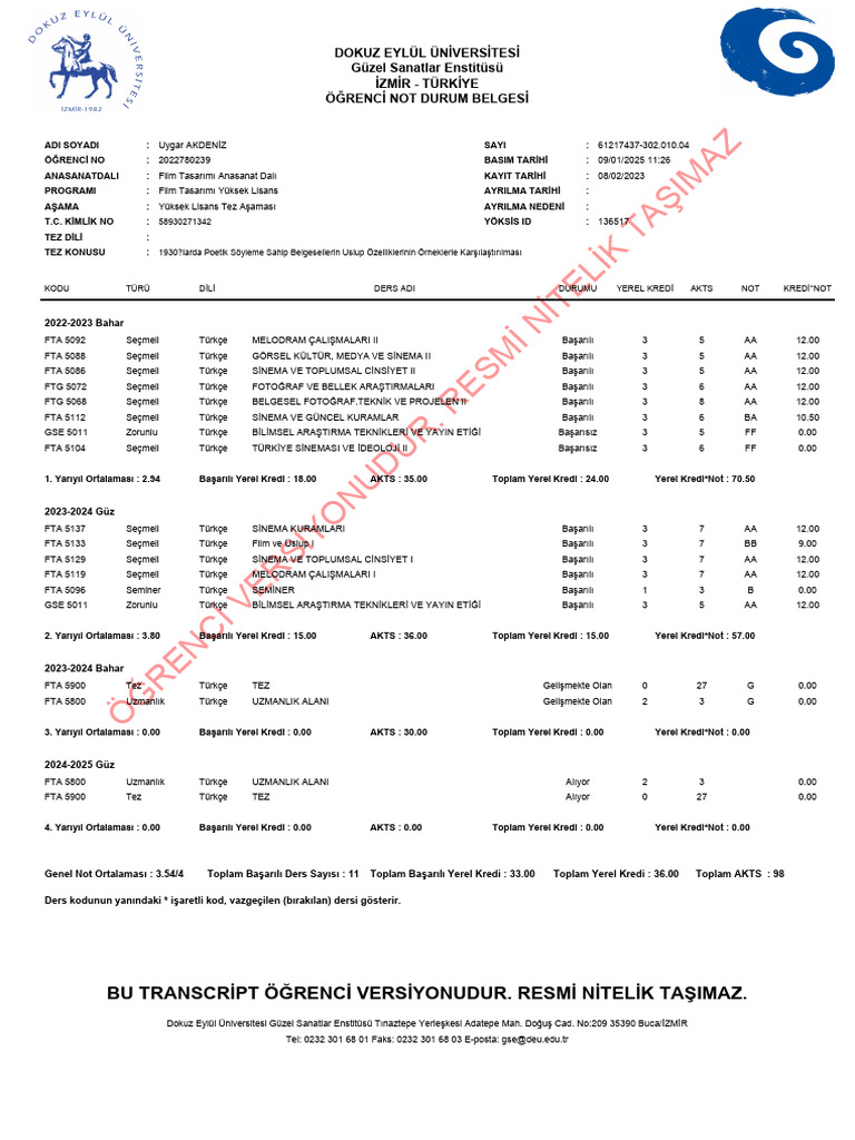 Bu Transcript Öğrenci Versiyonudur. Resmi Nitelik Taşimaz | PDF