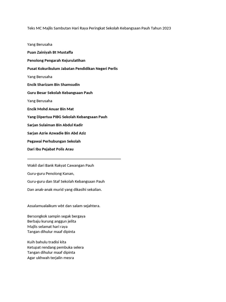 Teks MC Majlis Sambutan Hari Raya Peringkat Sekolah Kebangsaan Pauh ...